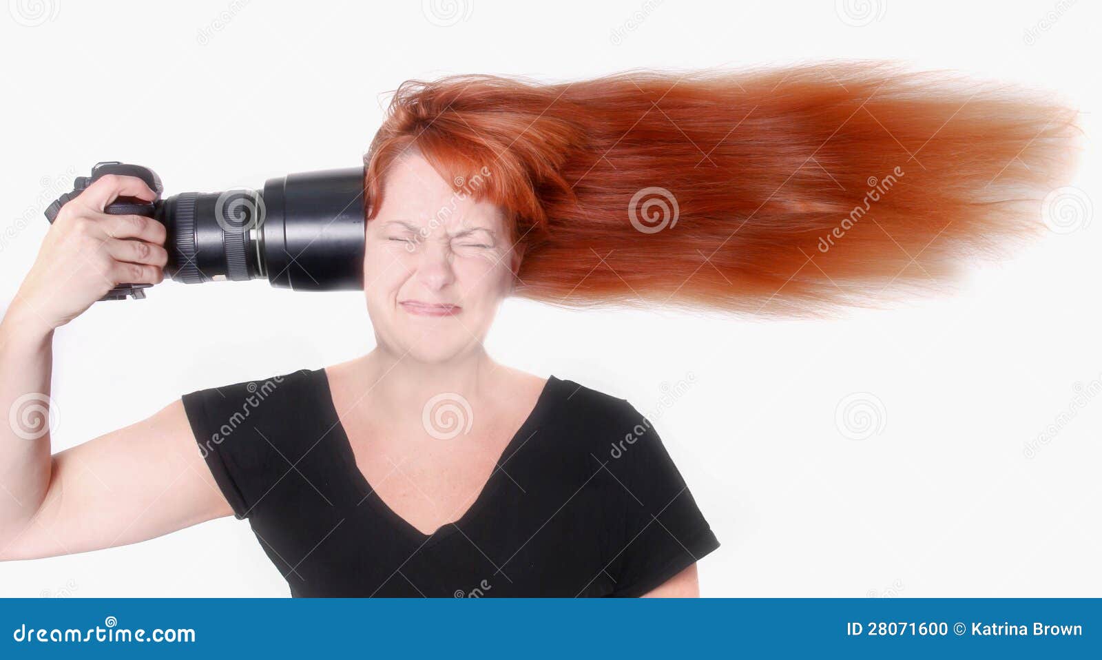 Photographer with Camera Pointed at Her Head Stock Photo - Image of ...