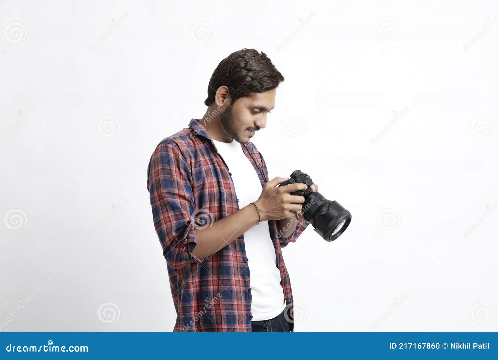 Photographer with Camera on White Background Stock Photo - Image of ...