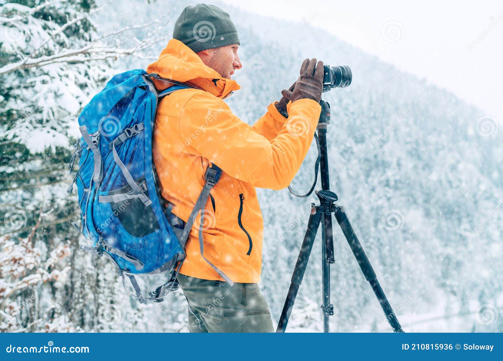Photographer Dressed Orange Softshell Jacket with Backpack Making a ...