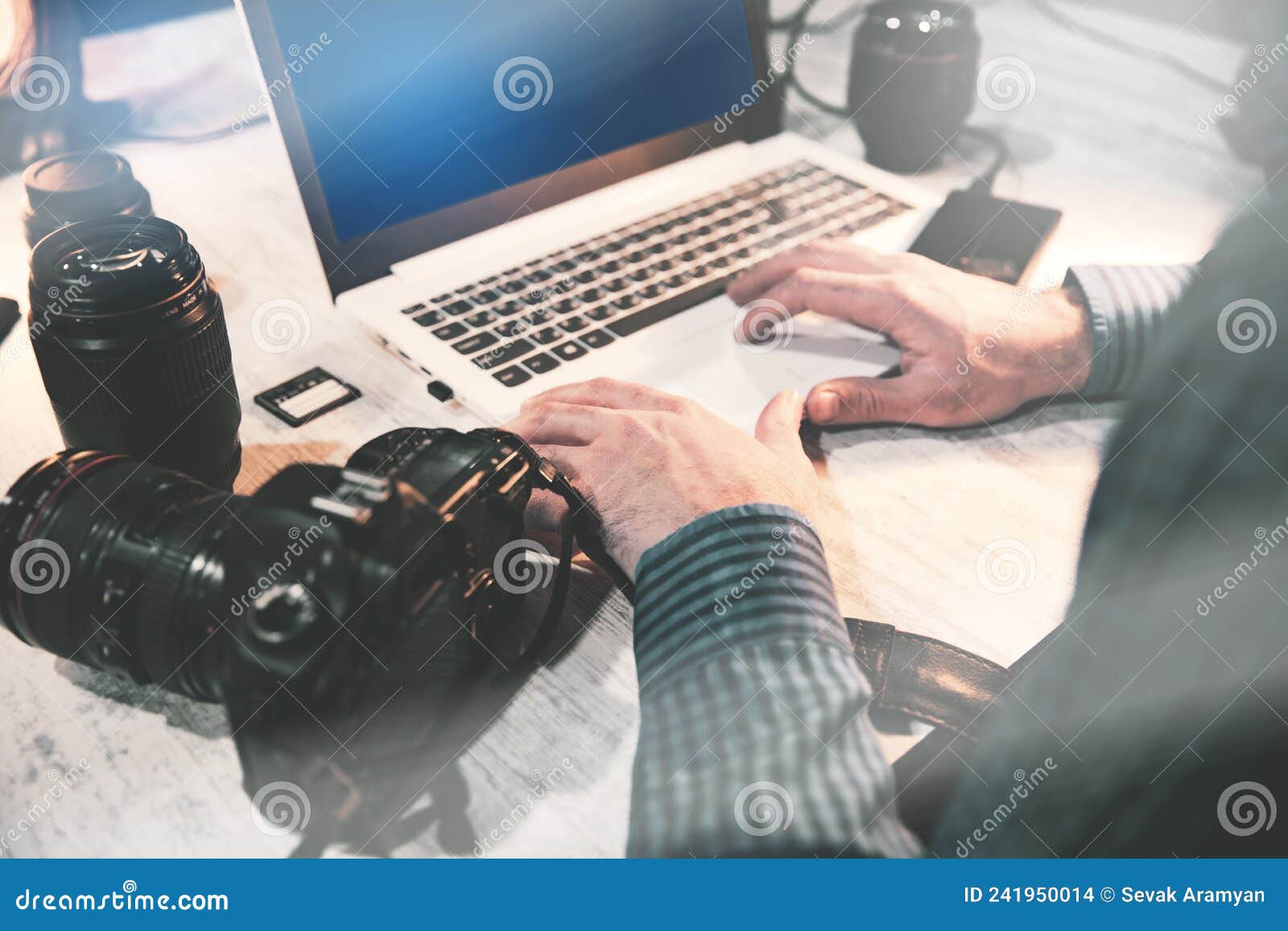 Photographer Hand Camera and Computer on Desk. Stock Photo - Image of ...