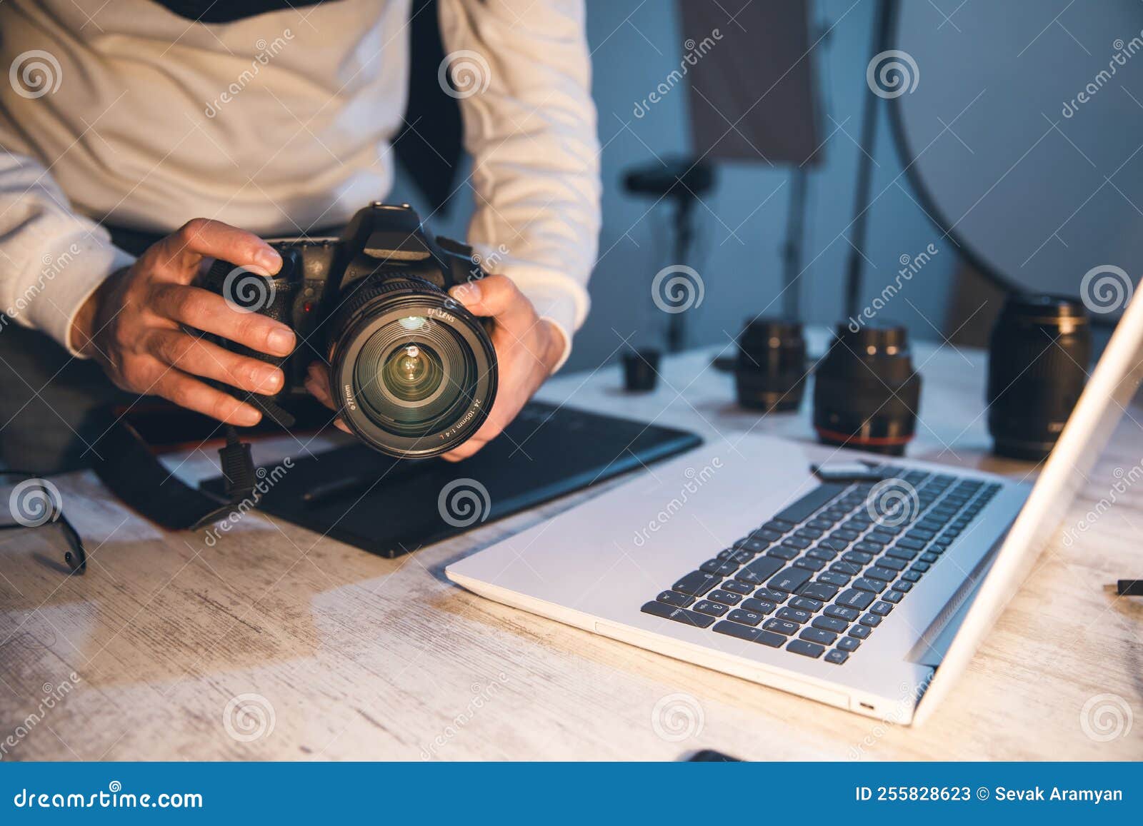 Photographer Hand Camera with Computer Stock Image - Image of workplace ...