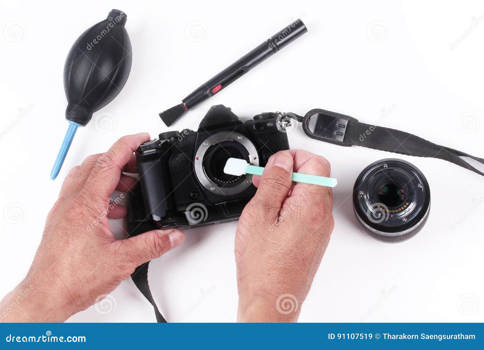 Photographer Hand Cleaning Sensor of Camera by Using Sensor Swab Stock ...