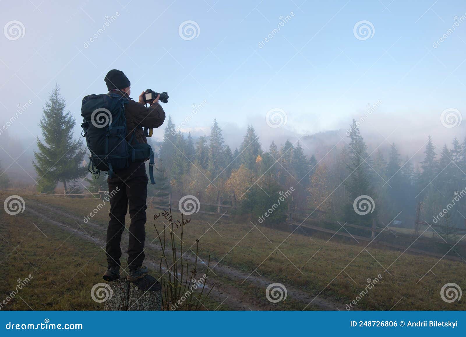 Photographer Hiker Taking Picture of Nature with Digital Camera Stock ...