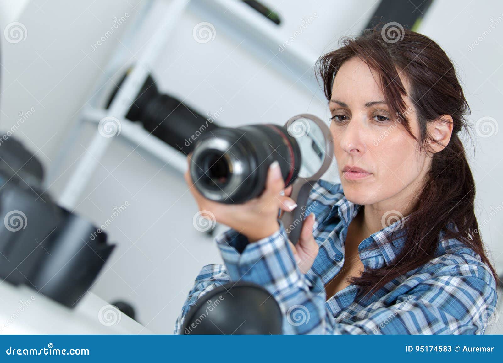 Photographer with Magnifying Glass Looking into Lens Stock Image ...