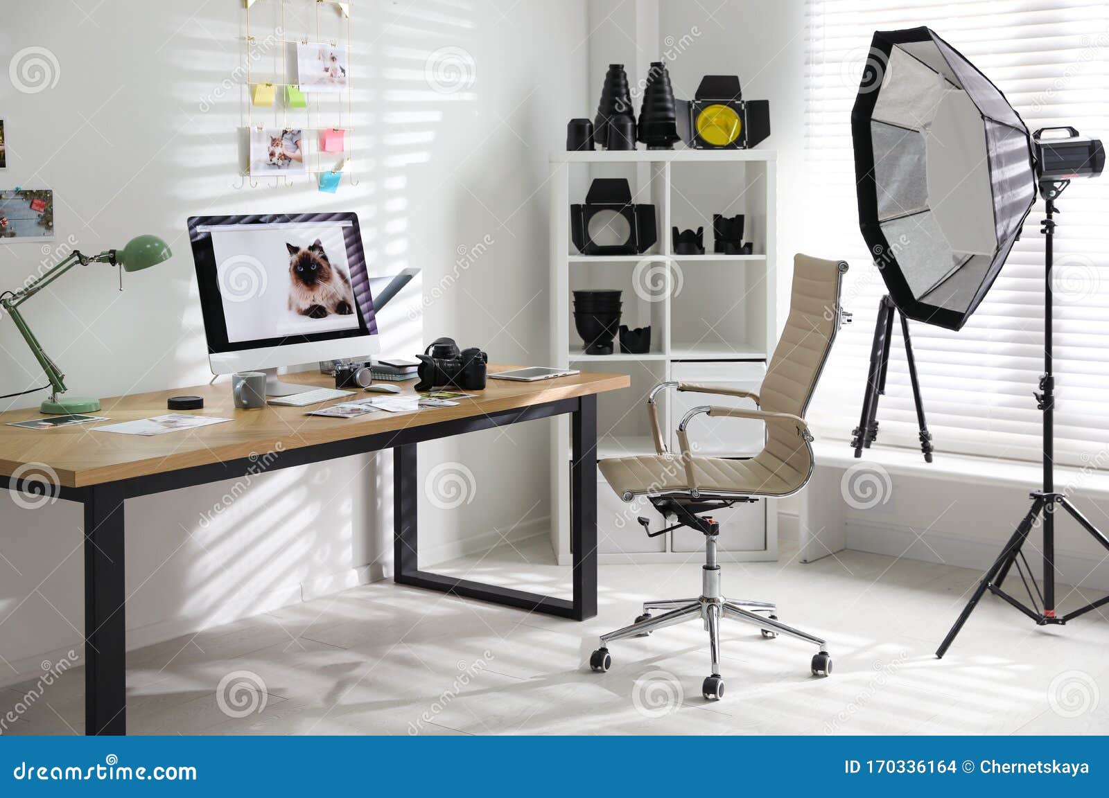 Photographer`s Workplace with Camera and Computer in Office Stock Photo ...