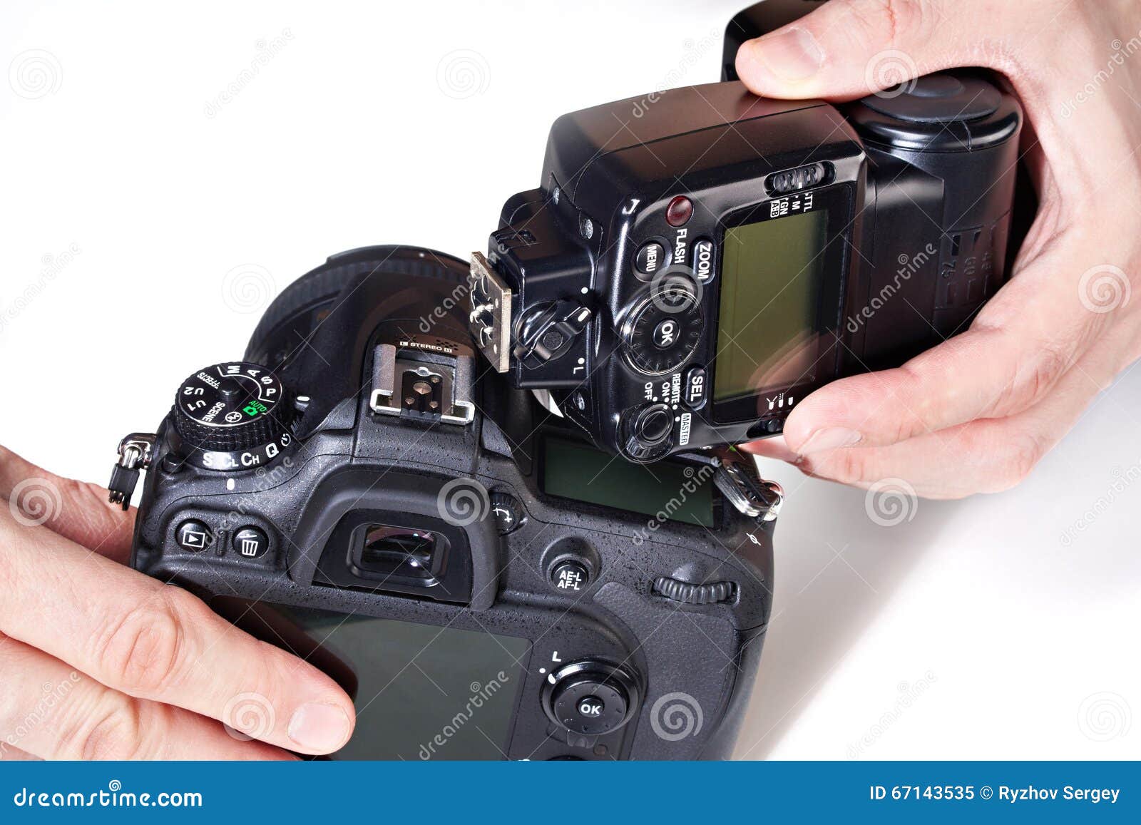 Photographer Set External Flash on Digital SLR Camera Stock Image ...