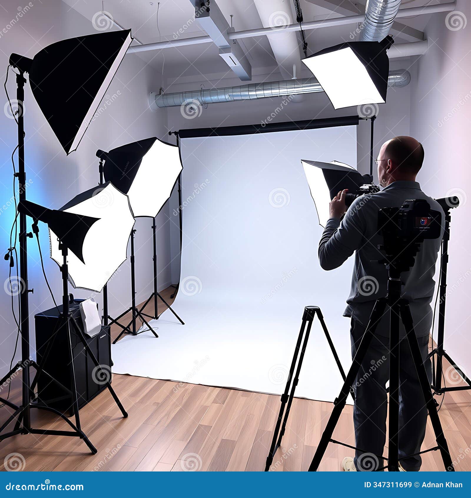 A Photographer Setting Up a Studio with Softboxes Reflectors and ...