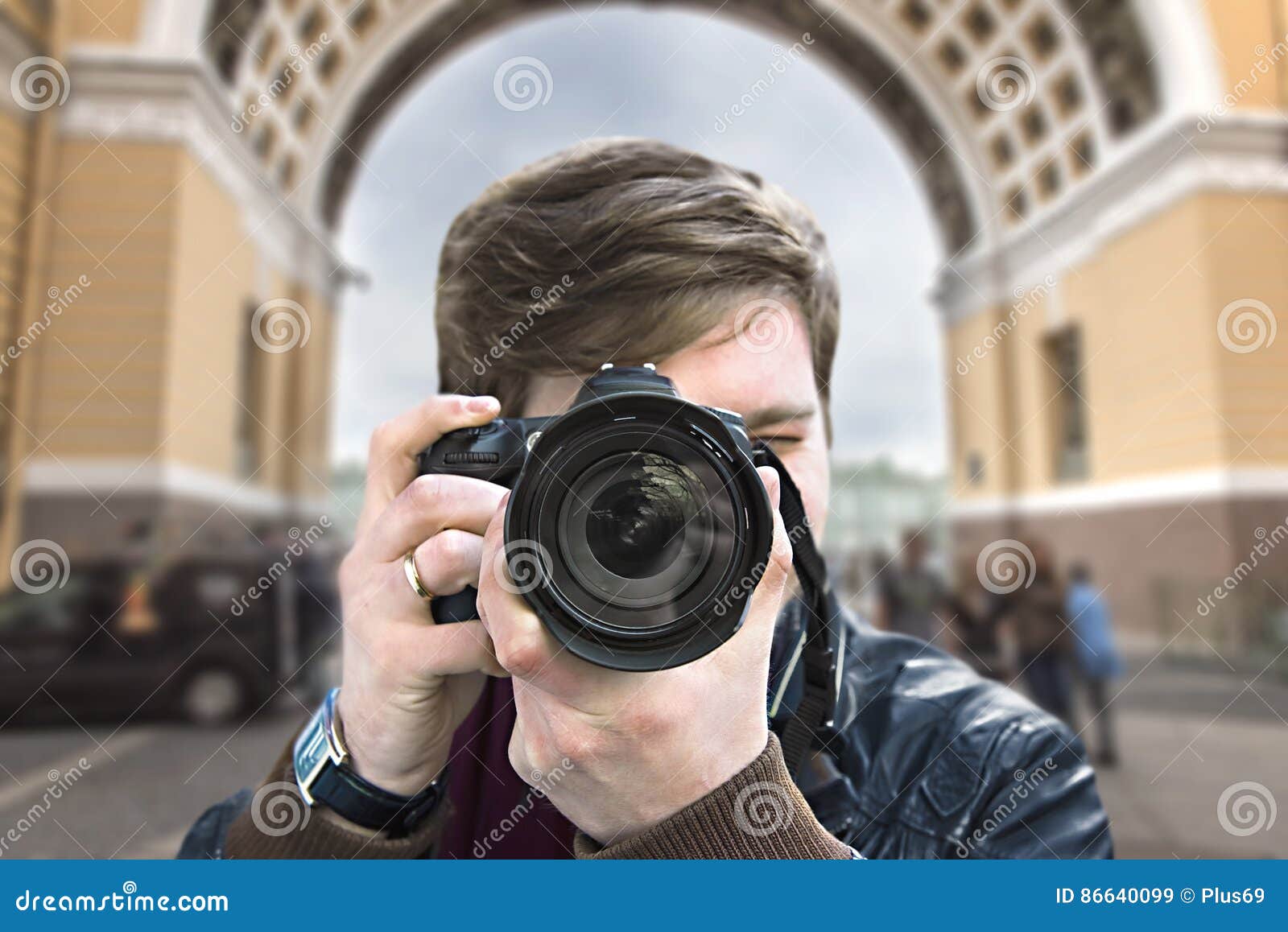 Photographer Takes a Picture. Front View, Close-up Stock Image - Image ...