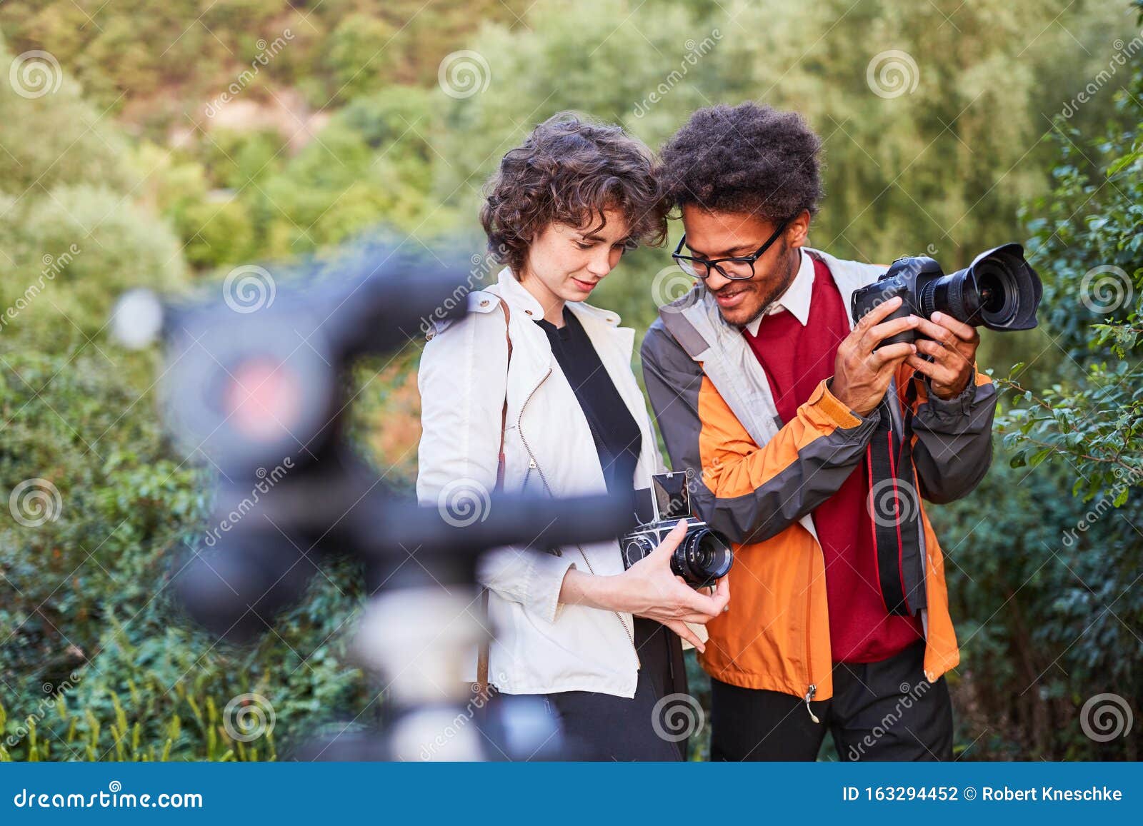 Photographer Team in Nature at the Camera Comparison Stock Photo ...
