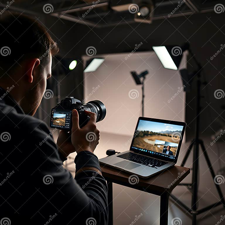 A Photographer Using a DSLR Camera Editing Photos on a Laptop and ...