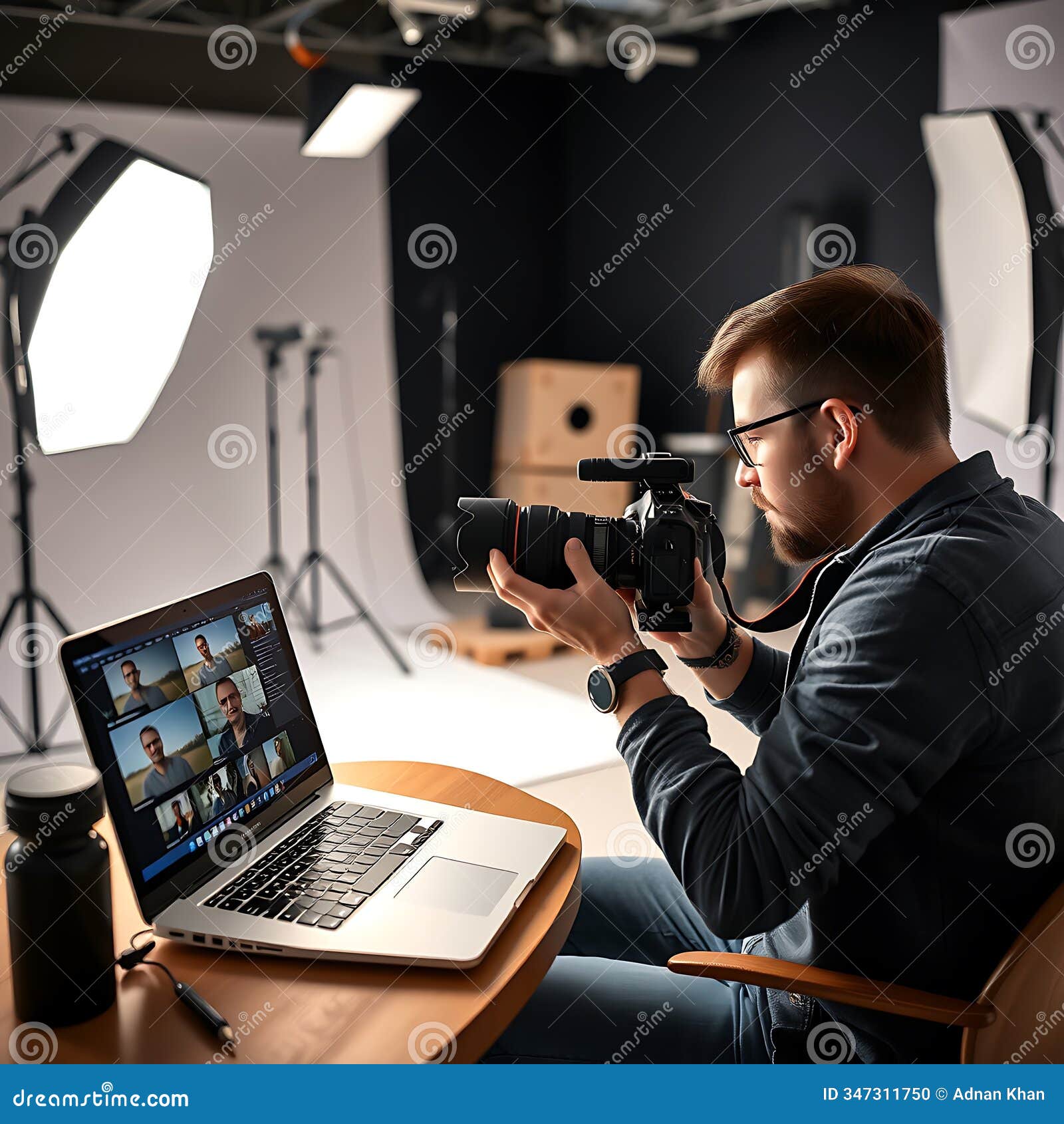 A Photographer Using a DSLR Camera Editing Photos on a Laptop and ...