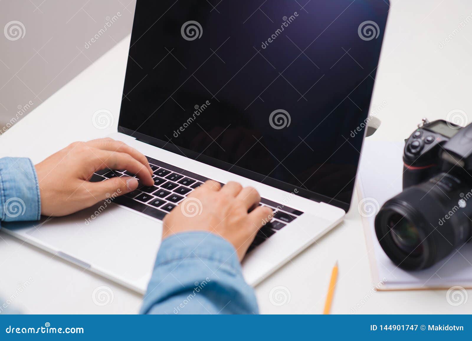 Photographer Working at Desk in Modern Office Stock Image - Image of ...