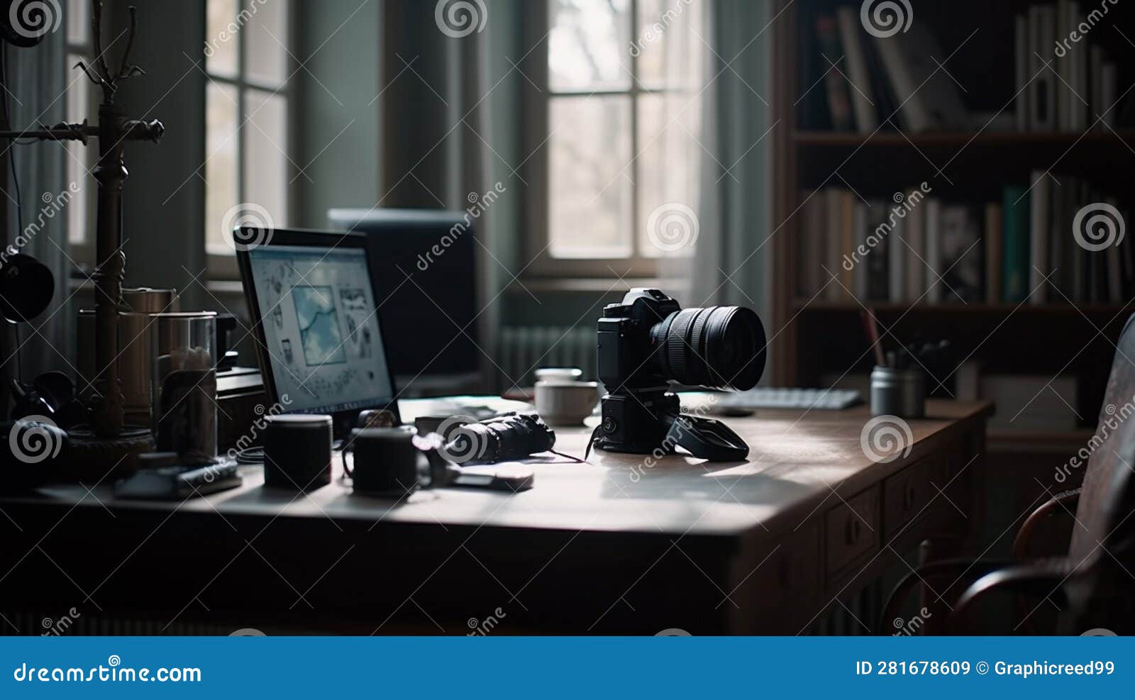 Photographer Workplace with Camera on Table. Video Camera on the Table ...