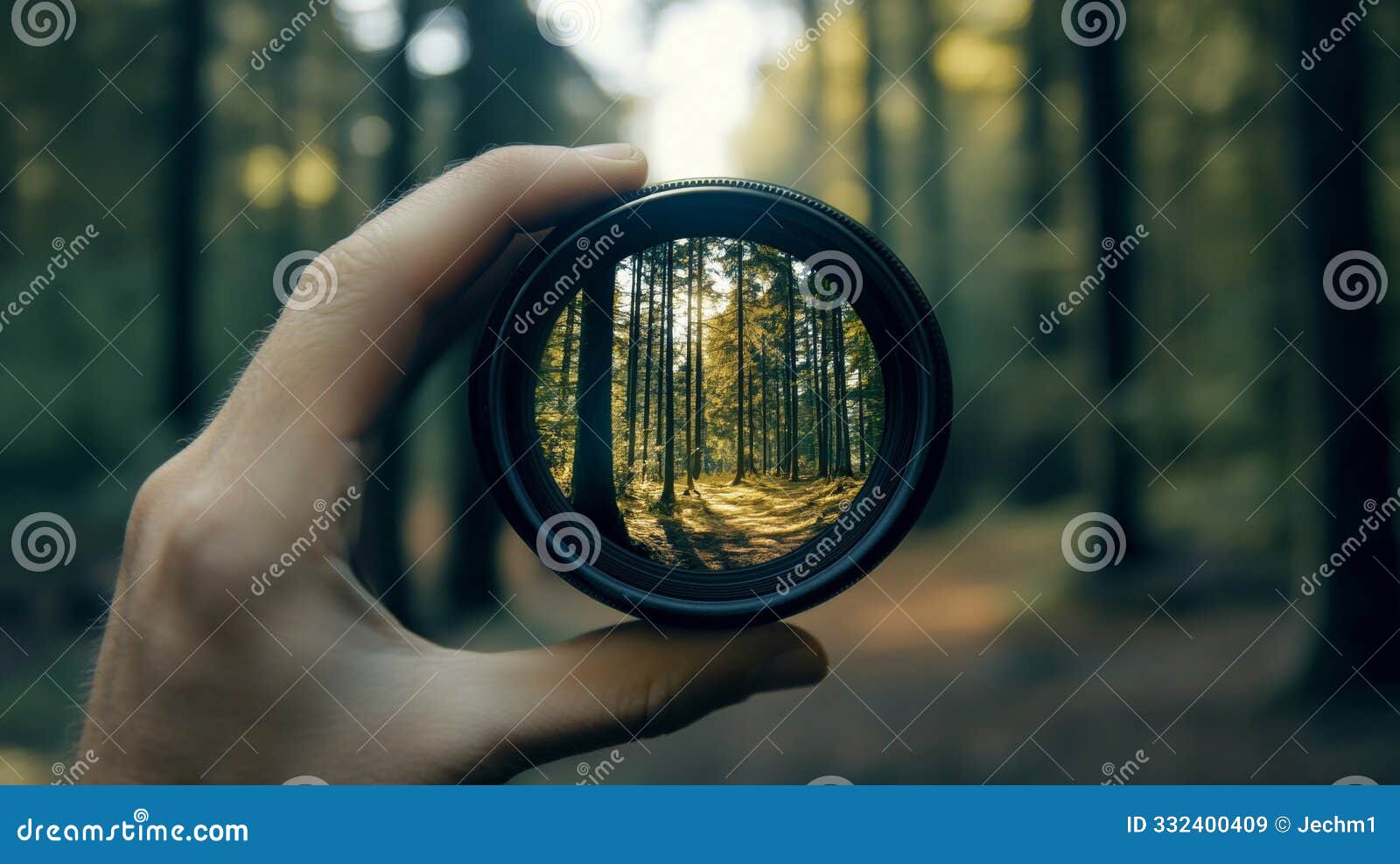 Photographers View of a Forest Path through a Camera Lens Stock ...