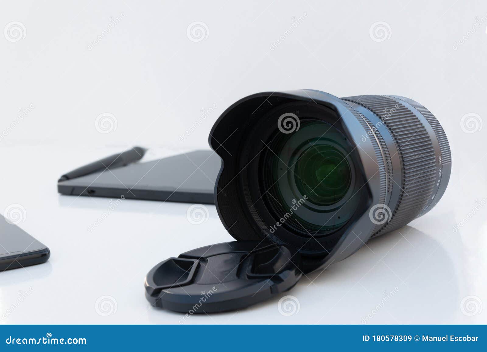 Photographic Lens with Graphic Tablet on White Background. Technology ...
