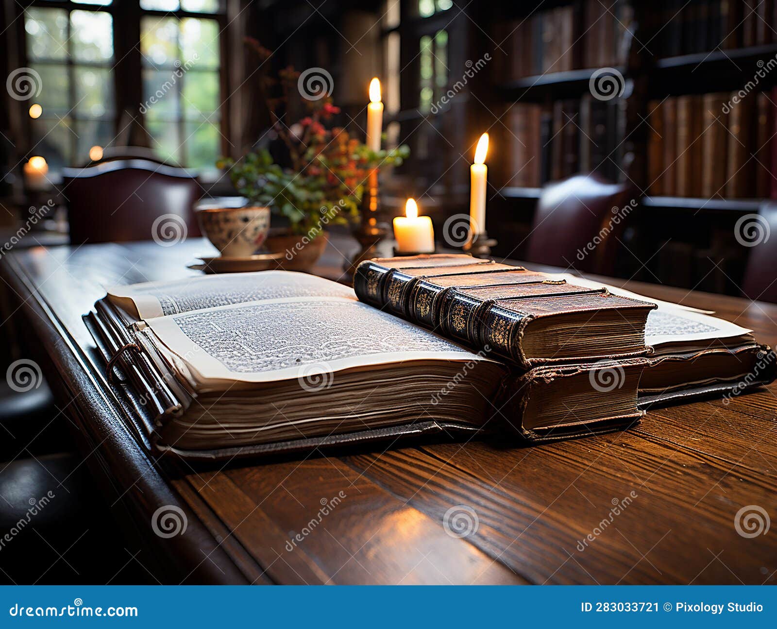 A Photography of Book on the Wooden Table, in the Library AI Generative ...