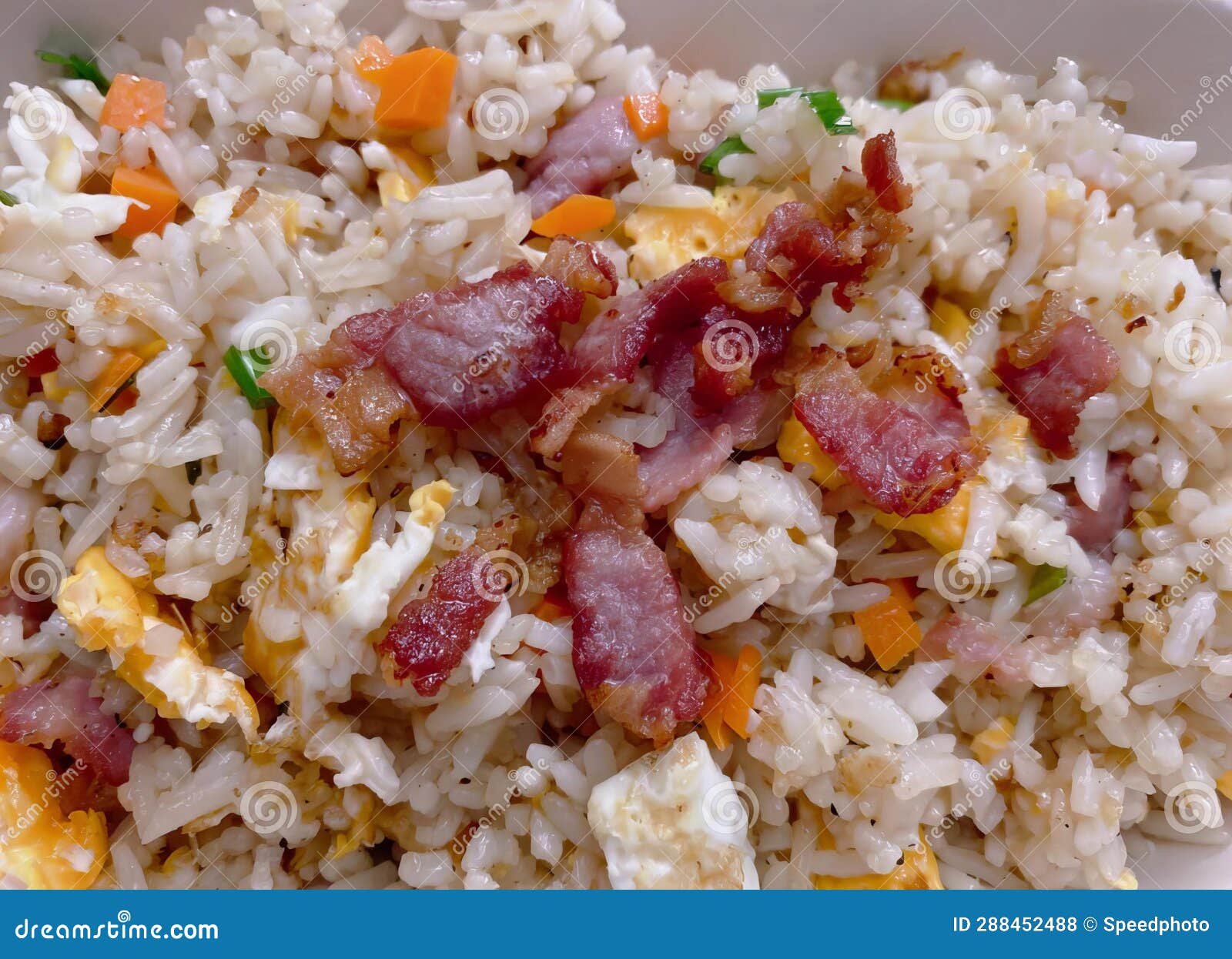 A Photography of a Bowl of Rice with Bacon and Eggs, Plate of Rice with ...