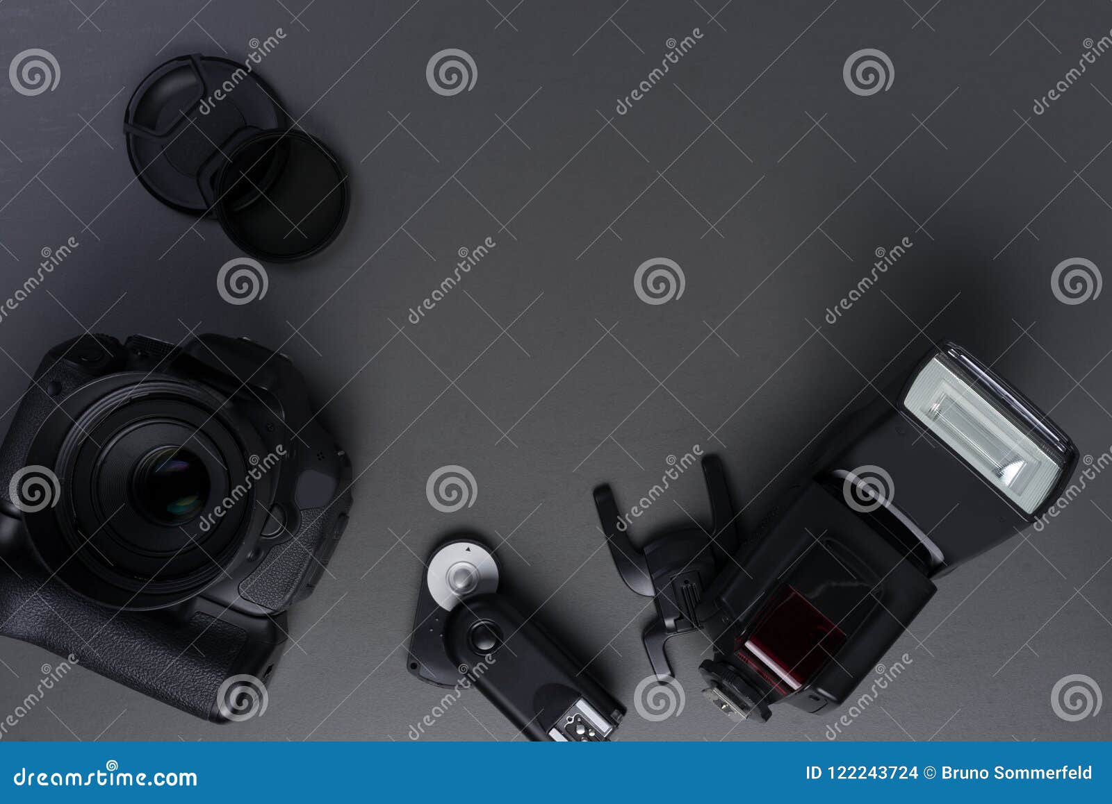 Photography Concept with Dslr Lense Flash and Acessories Stock Photo ...