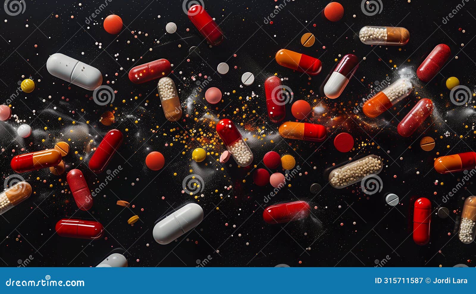 Photography of Different Capsules Falling on a Black Table Stock ...