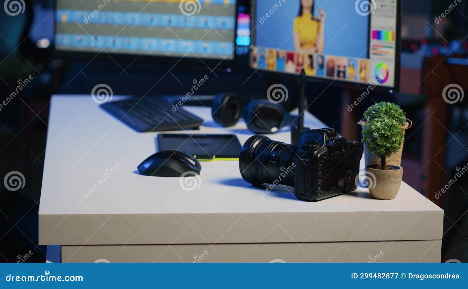 Photography Organizing Program Displayed on Multi Monitors PC Setup on Media Agency Desk Stock ...