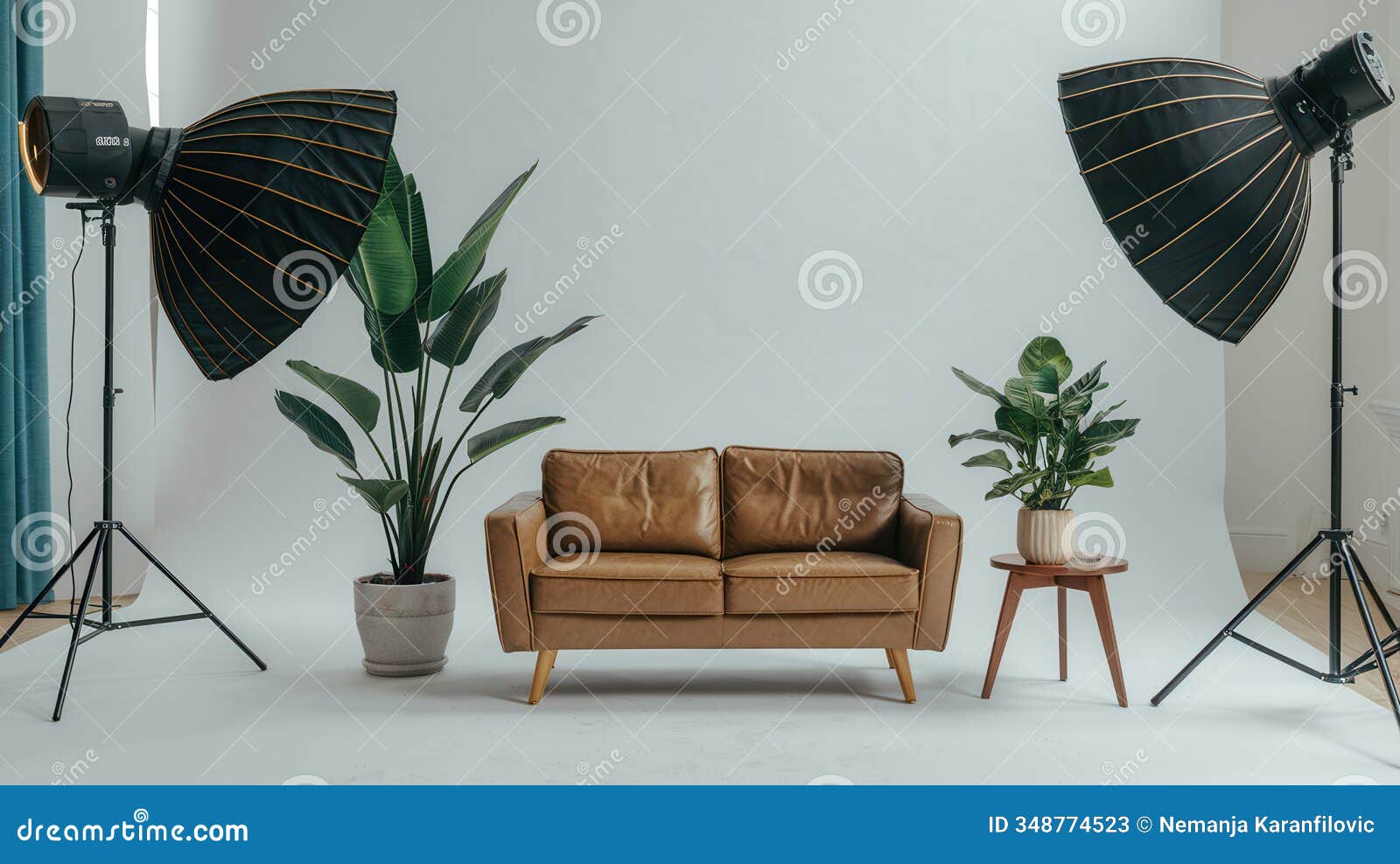Photography Studio Setup with Light Sofa, Plants, and Professional ...