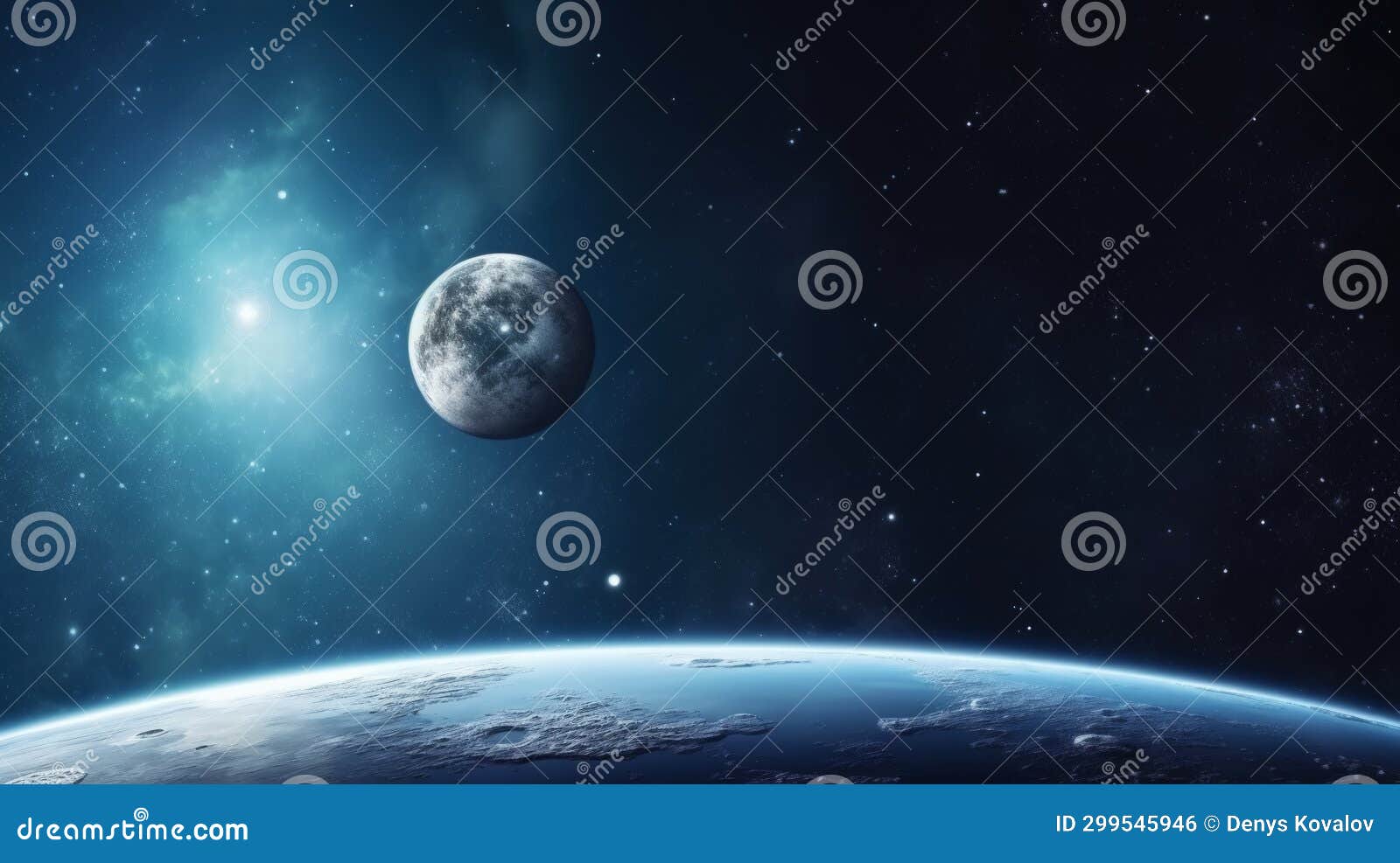 Photorealistic Image of the Earth and Moon in Space with Space for Text. Scientific Space ...