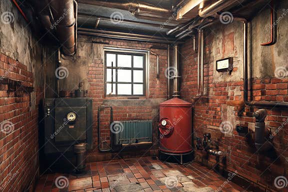 Photorealistic Interior of a Home Featuring a Basement Boiler System ...