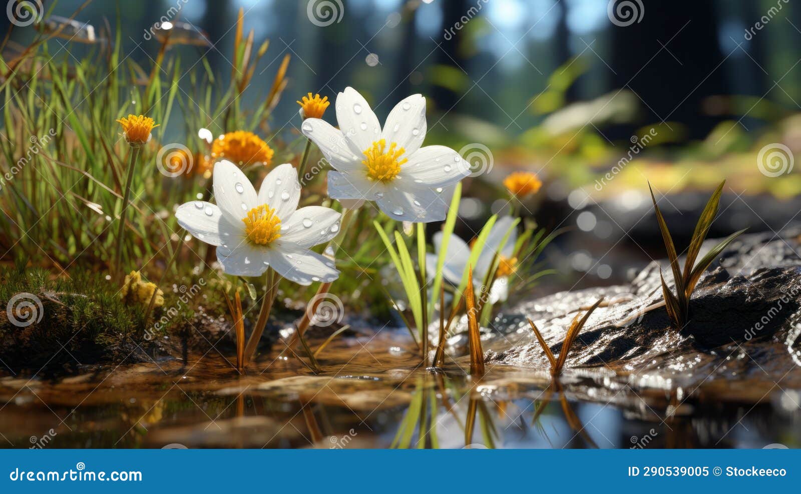 Photorealistic Macro of Three White Flowers by a Stream Stock ...