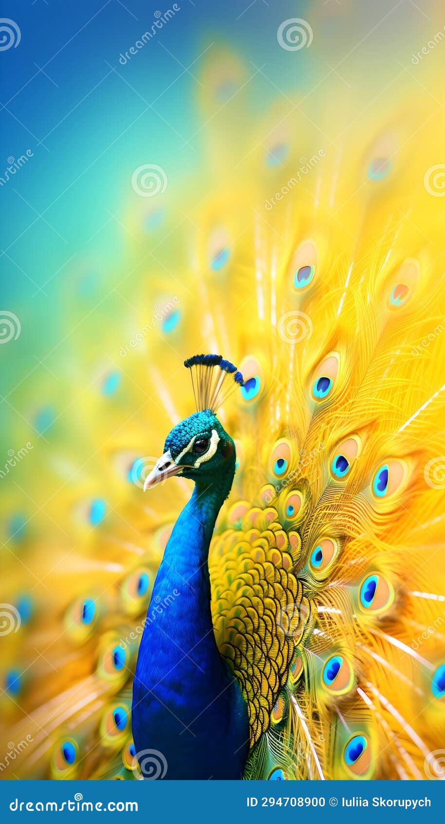 Photorealistic Peacock with Yellow Tail on Blurred Blue Background ...