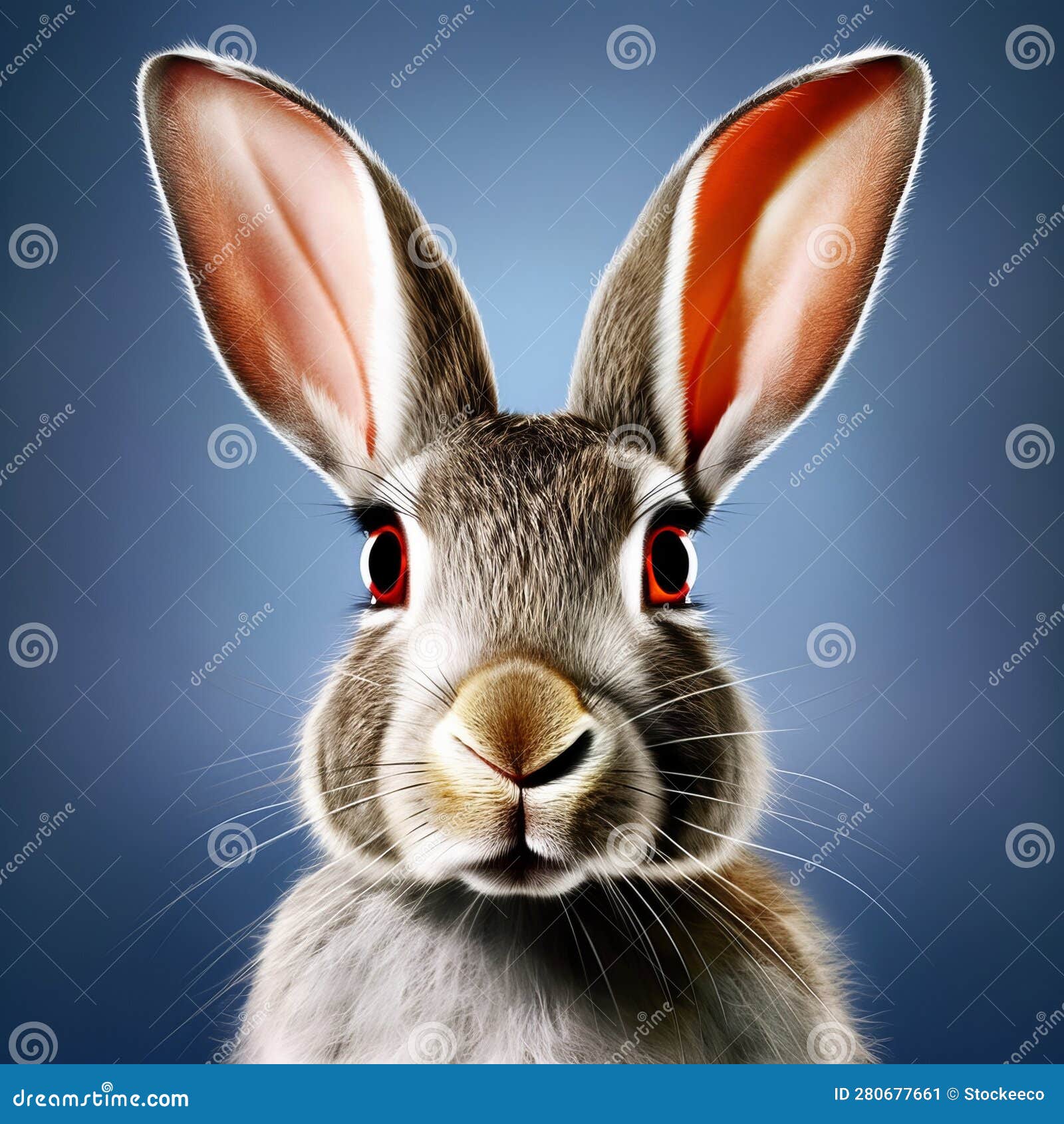 Photorealistic Rabbit with Big Ears on Blue Background Stock ...