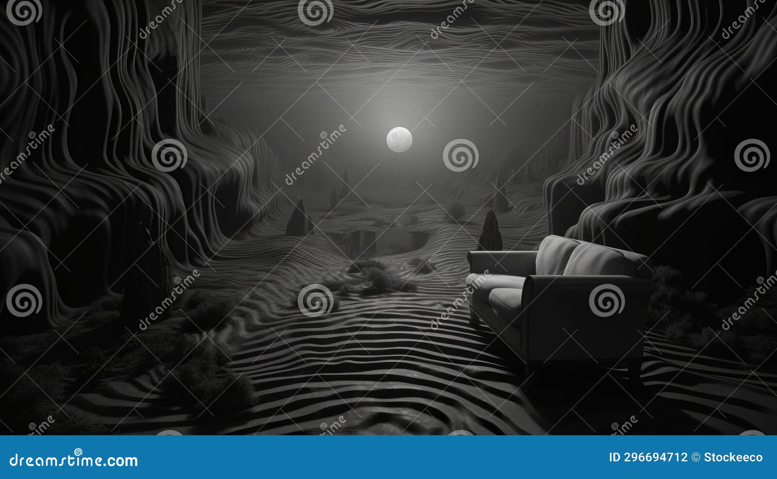 Mysterious Nocturnal Scene Futuristic Desert with Sofa and Chairs Stock ...