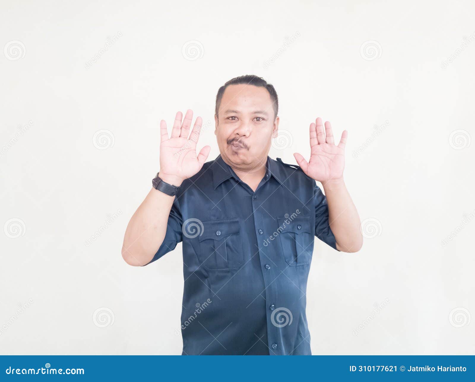 Expression of Asian Man in Blue Uniform on White Background Stock Image ...