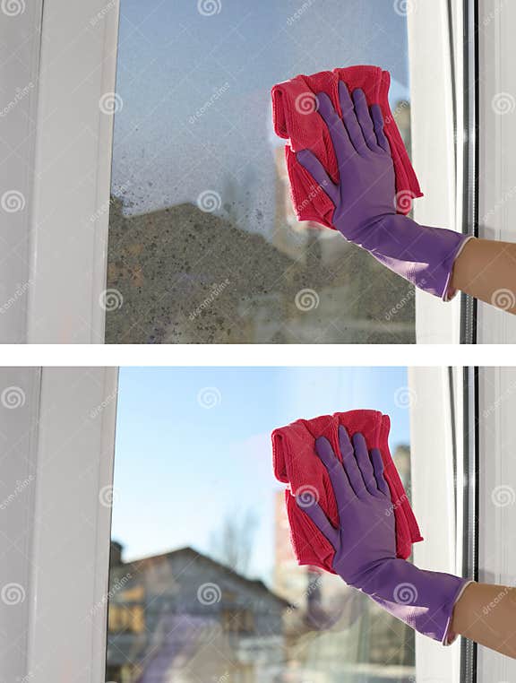 Collage with Photos of Window before and after Cleaning Stock Photo ...