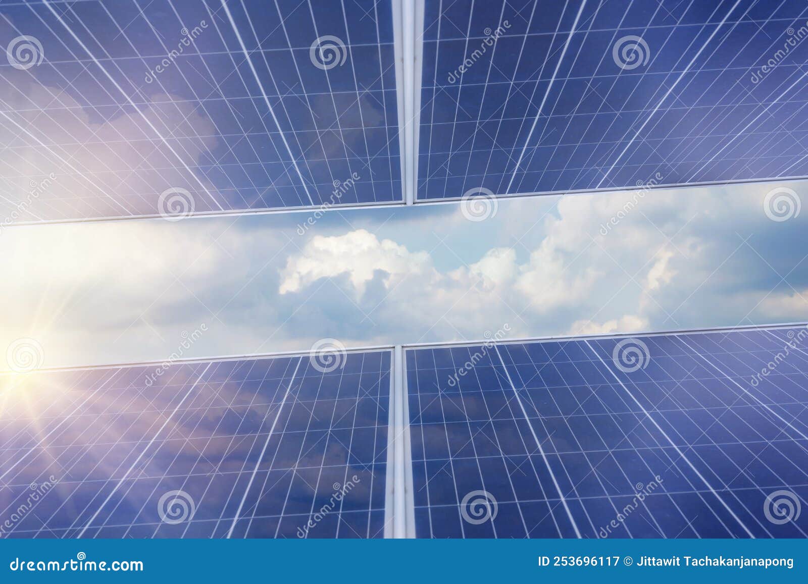 Photovoltaic Roof with Reflection of the Sun and Clouds Stock Image ...