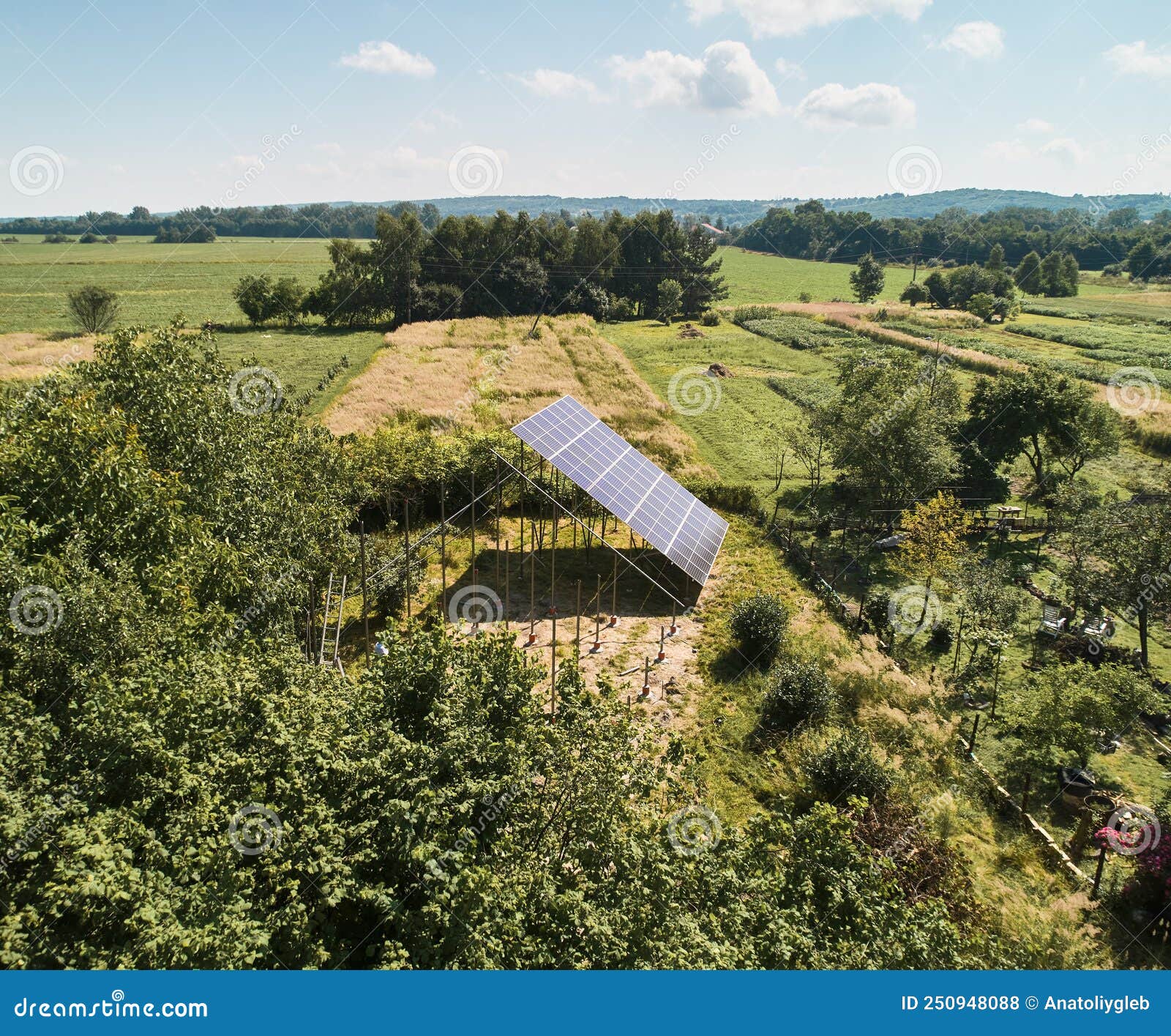 Solar Panel System in Grassy Field with Green Trees. Stock Photo ...