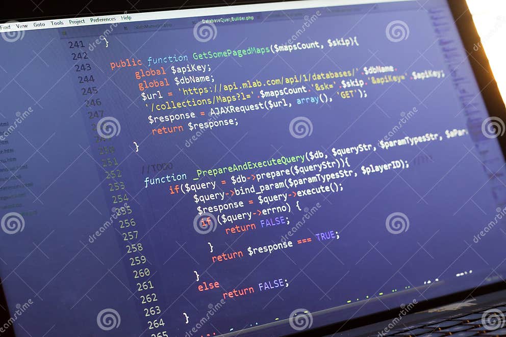 PHP Back-end Code. Computer Programming Source Code. Abstract Screen of Web Developer Stock ...