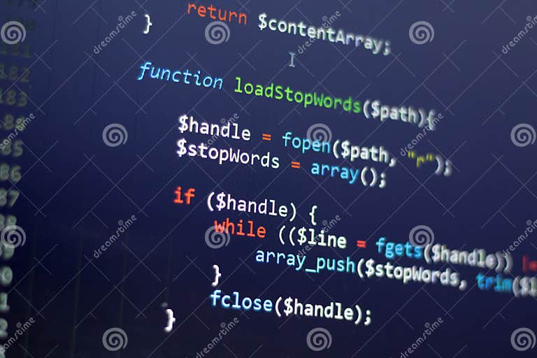 PHP Back-end Code. Computer Programming Source Code. Abstract Screen of Web Developer Editorial ...
