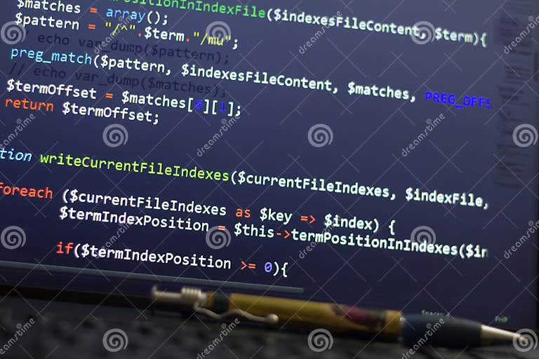 PHP Back-end Code. Computer Programming Source Code. Abstract Screen of Web Developer Editorial ...