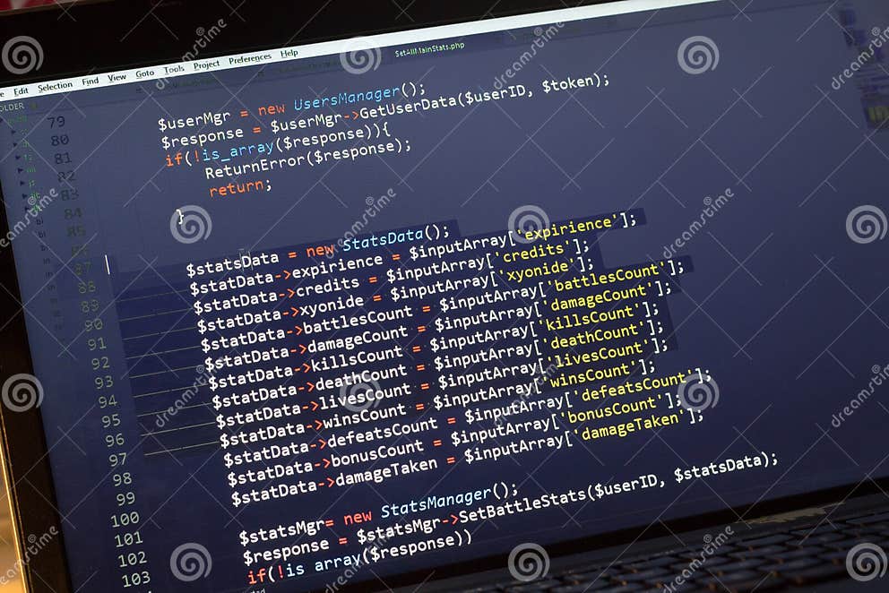 PHP Back-end Code. Computer Programming Source Code. Abstract Screen of Web Developer Stock ...