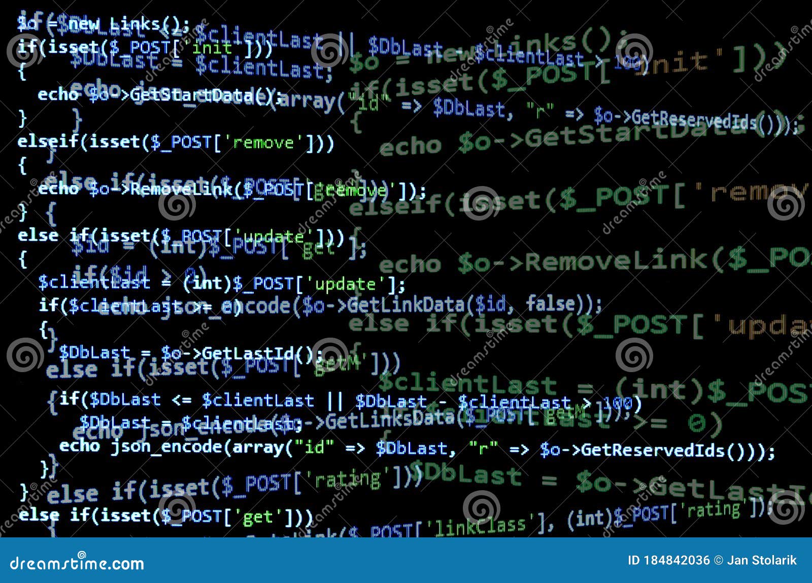 PHP Code On Black Screen, Blue Text Stock Photo - Image of letter ...