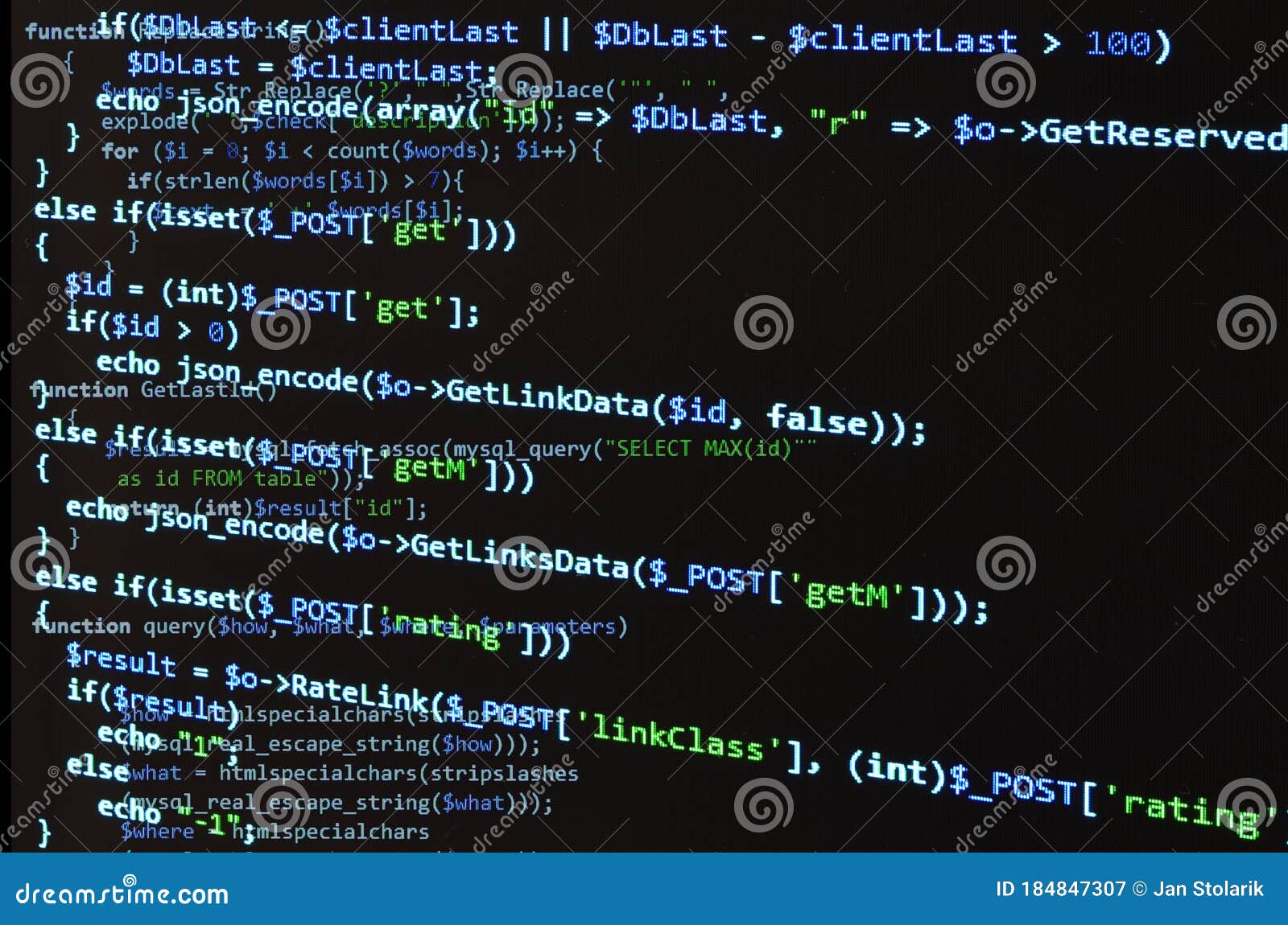 Php Code On Black Screen Blue Text Stock Image Image Of Digital Javascript 184847307