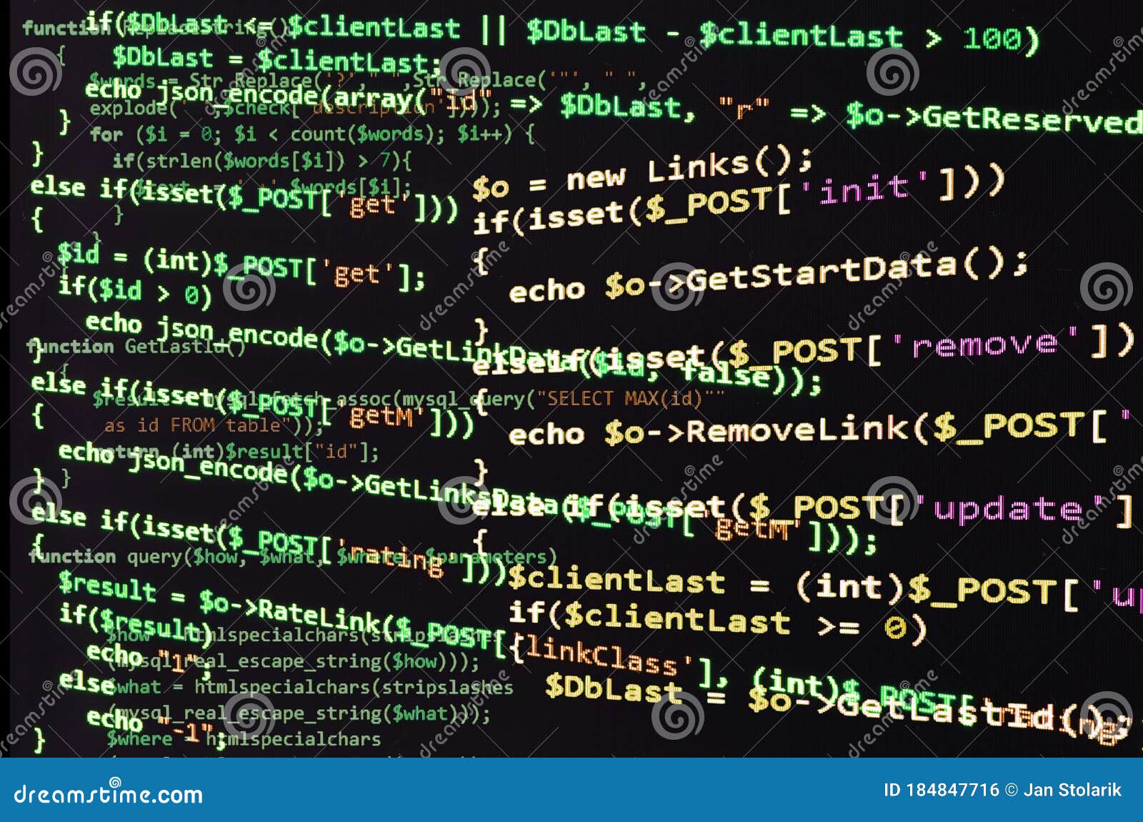 PHP Code on Black Screen, Green Text Stock Photo - Image of development ...