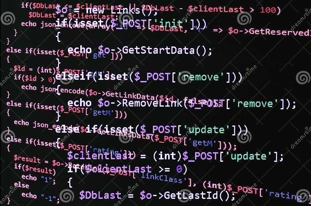 PHP Code on Black Screen, Red Text Stock Image - Image of javascript ...