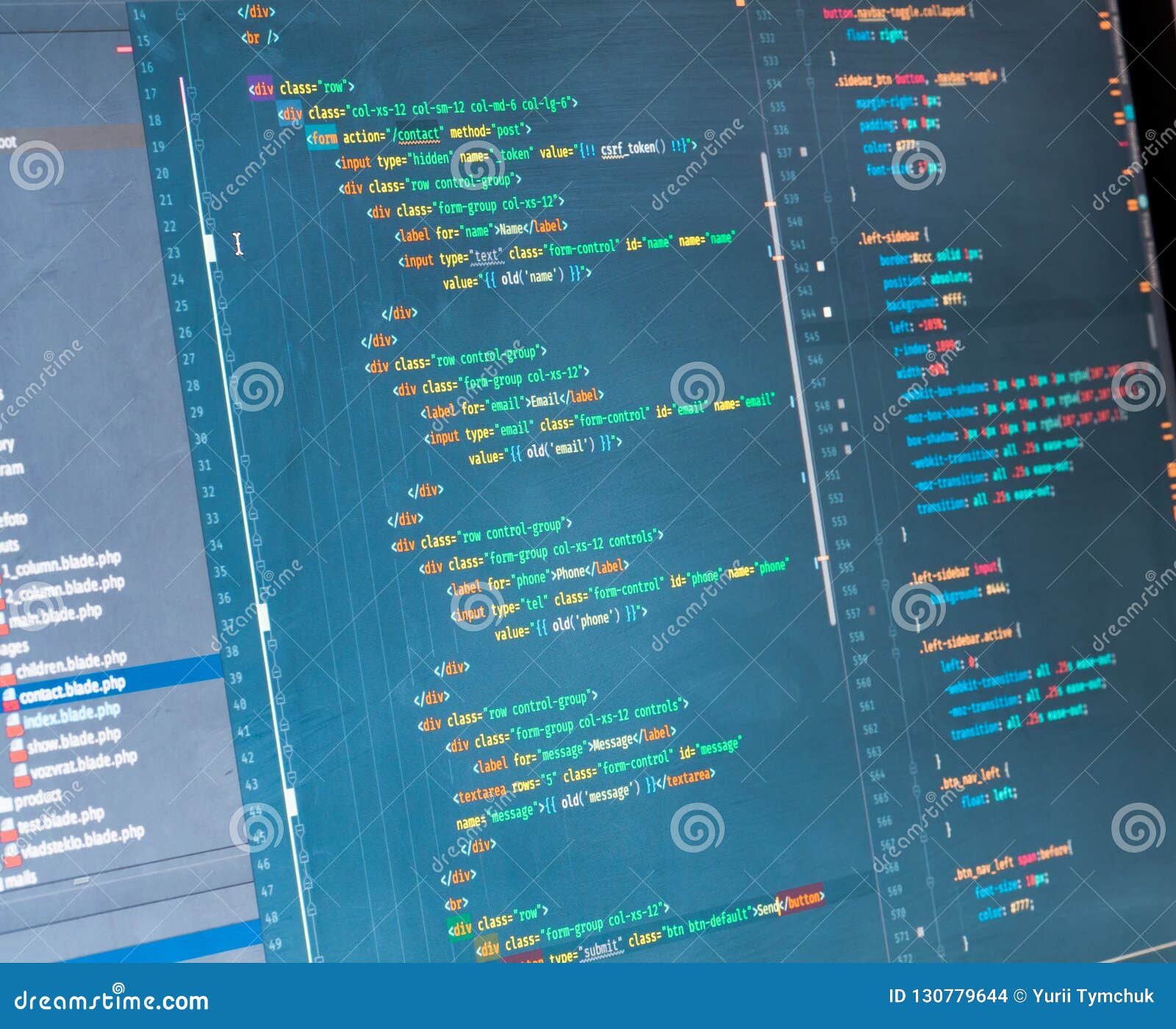 Close Up Coding On Screen Splitting Of Html And Css In The Code Editor Web Development Stock