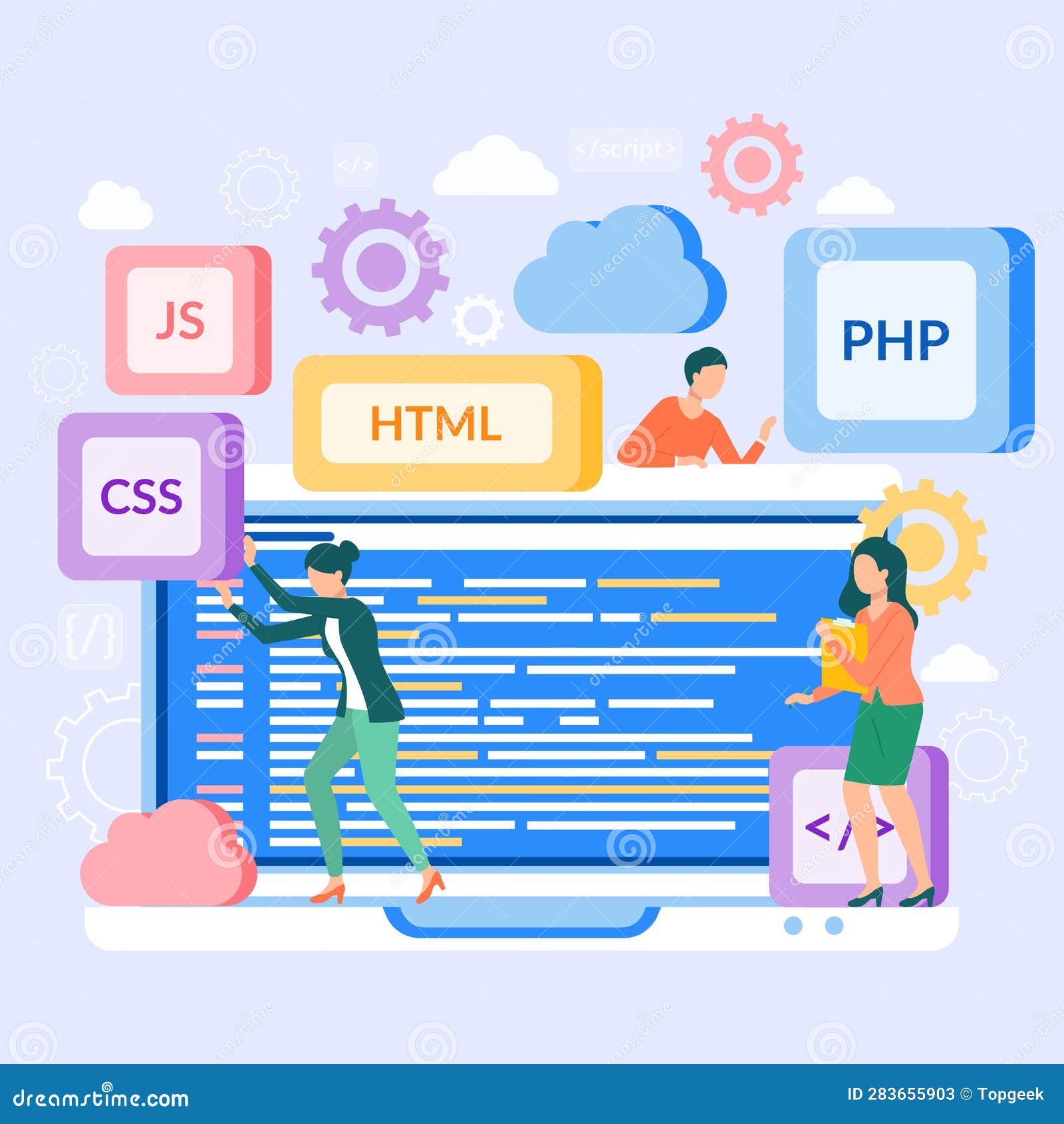 PHP and HTML Development Concept. Software Website Developer with Computer, Programmer Service ...