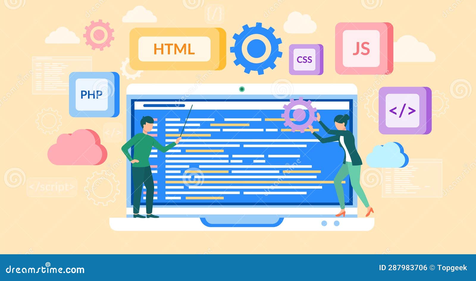 PHP and HTML Development Concept. Software Website Developer with Computer, Programmer Service ...
