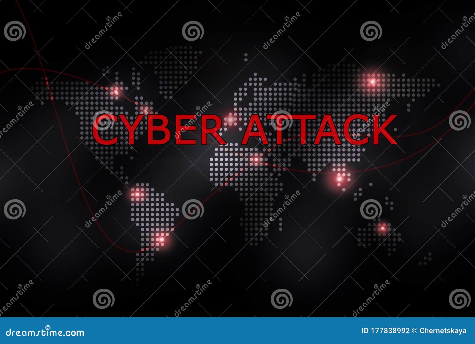 Phrase Cyber Attack and Digital World Map with Lights Stock Photo ...