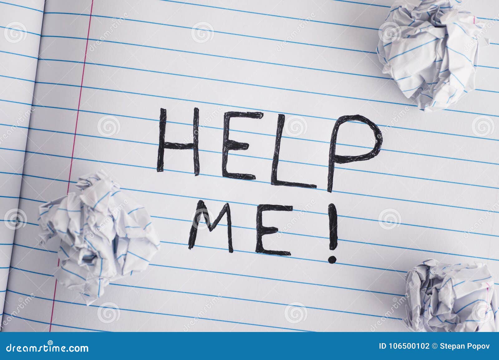 Phrase Help Me! on Notebook Sheet with Some Crumpled Paper Balls Stock ...