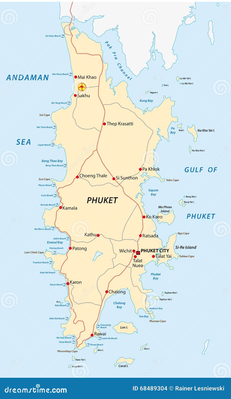 Phuket road and beach map stock illustration. Illustration of andaman ...