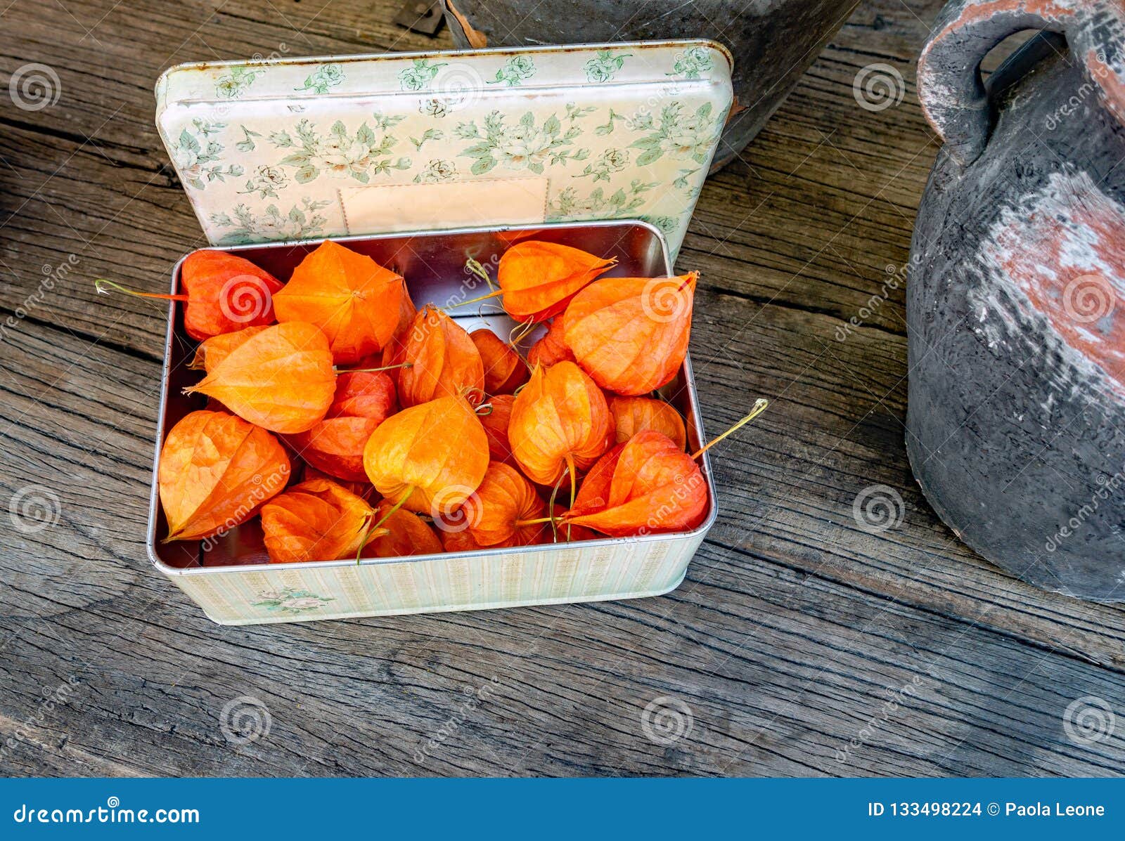 Physalis - Chinese Lantern - in a Box on a Rustic Wooden Table Stock ...
